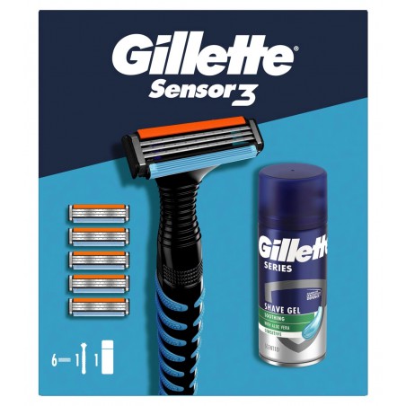GILLETTE Sensor 3, maszynka (rączka) + 6 ostrzy + żel Series 75 ml ...